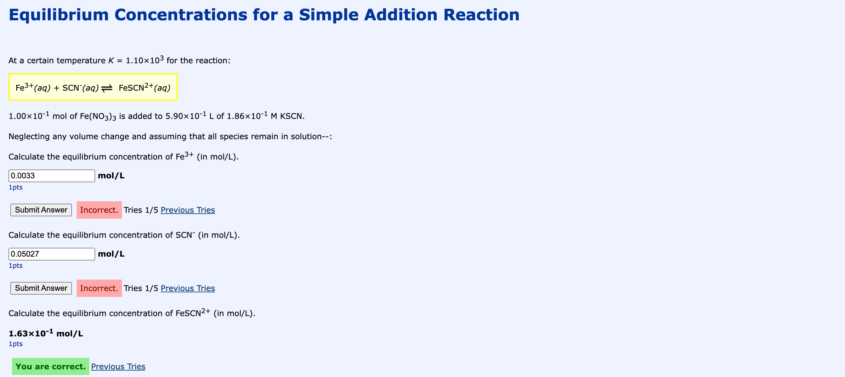 Solved Equilibrium Concentrations for a Simple Addition | Chegg.com