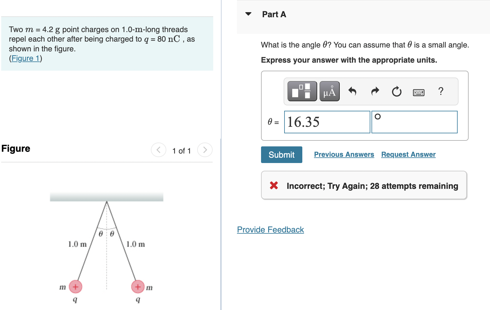 Solved Two m=4.2 g point charges on 1.0-m-long threads repel | Chegg.com