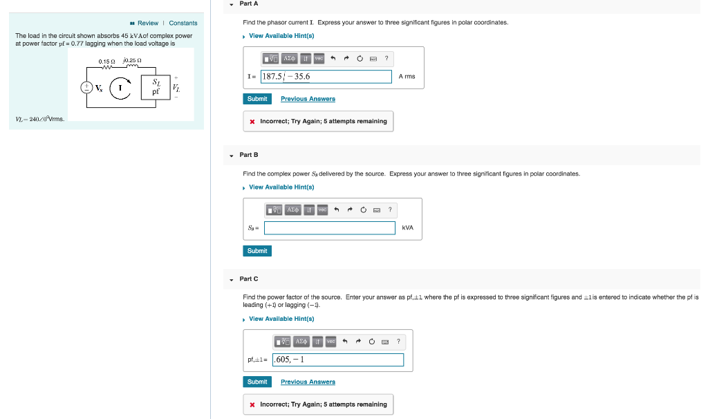 Solved Part A Find the phasor current I Express your answer | Chegg.com