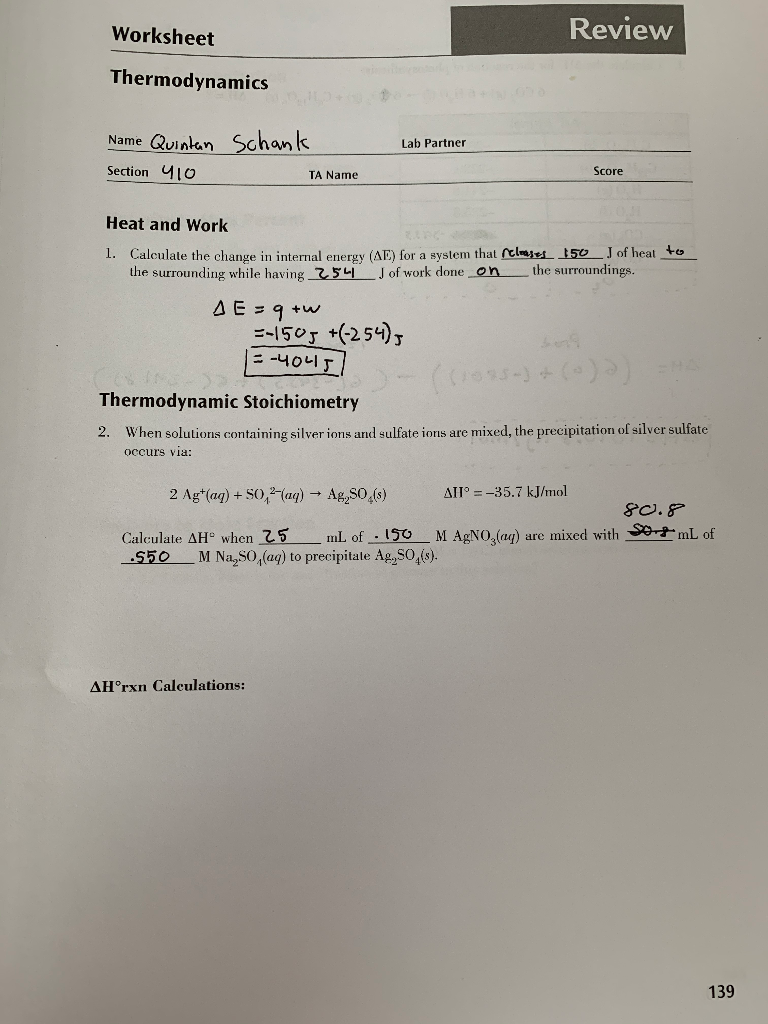 Solved Worksheet Review Thermodynamics Lab Partner Name | Chegg.com