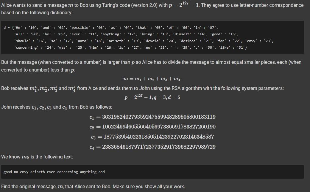Solved Alice wants to send a message m to Bob using Turing's | Chegg.com