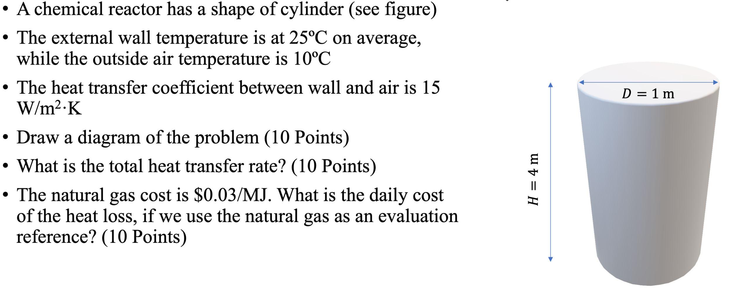 Solved O D = 1 m A chemical reactor has a shape of cylinder | Chegg.com