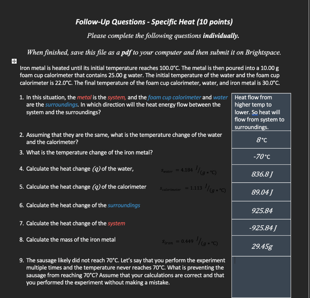 Solved Follow-Up Questions - Specific Heat (10 points) | Chegg.com