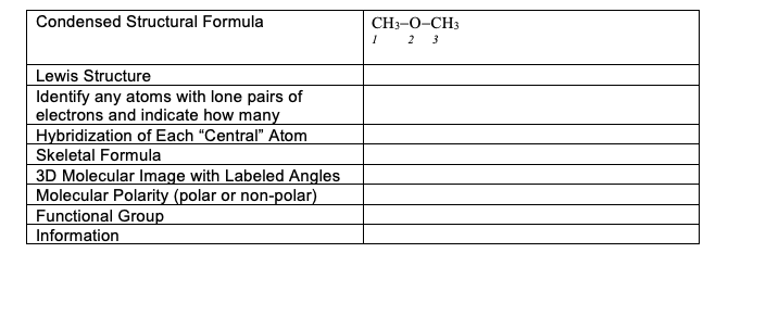 Solved Condensed Structural Formula CH3-0-CH3 1 2 3 Lewis | Chegg.com