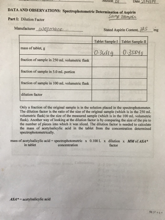 Solved EXPERIMENT #5 DETERMINATION OF ASPIRIN Part 1. Obtain | Chegg.com