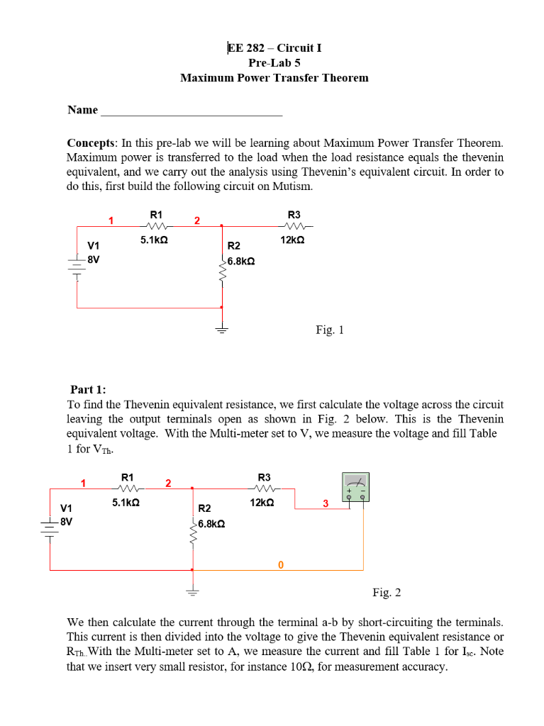 Solved EE 282 Circuit I Pre-Lab 5 Maximum Power Transfer | Chegg.com