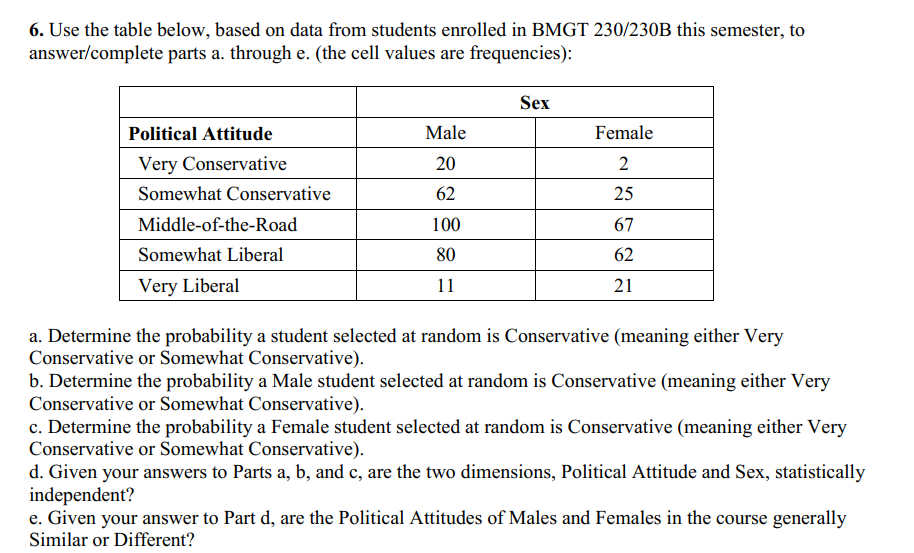 Solved 6. Use the table below, based on data from students | Chegg.com