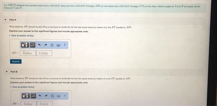 Solved between two parallel street lines is 350.00 ft deep | Chegg.com