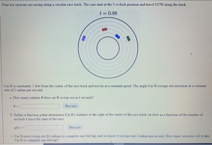 Solved Four toy racecars are racing along a circular race | Chegg.com