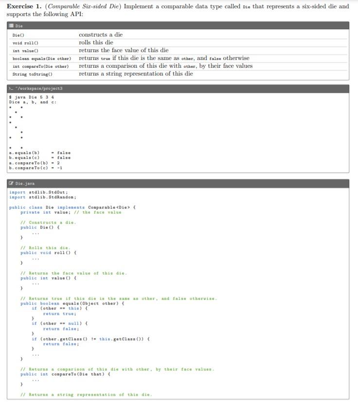 Solved Exercise 1. (Comparable Sir-sided Die) Implement a | Chegg.com