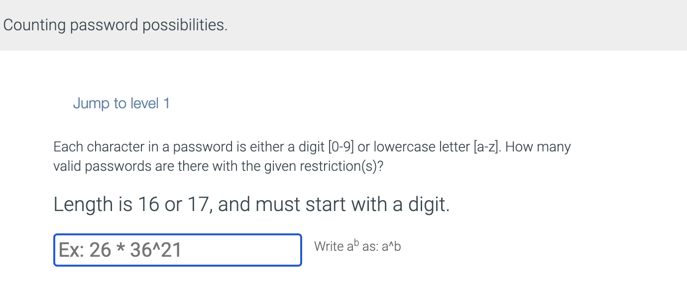 Solved Counting password possibilities. Jump to level 1 Each | Chegg.com