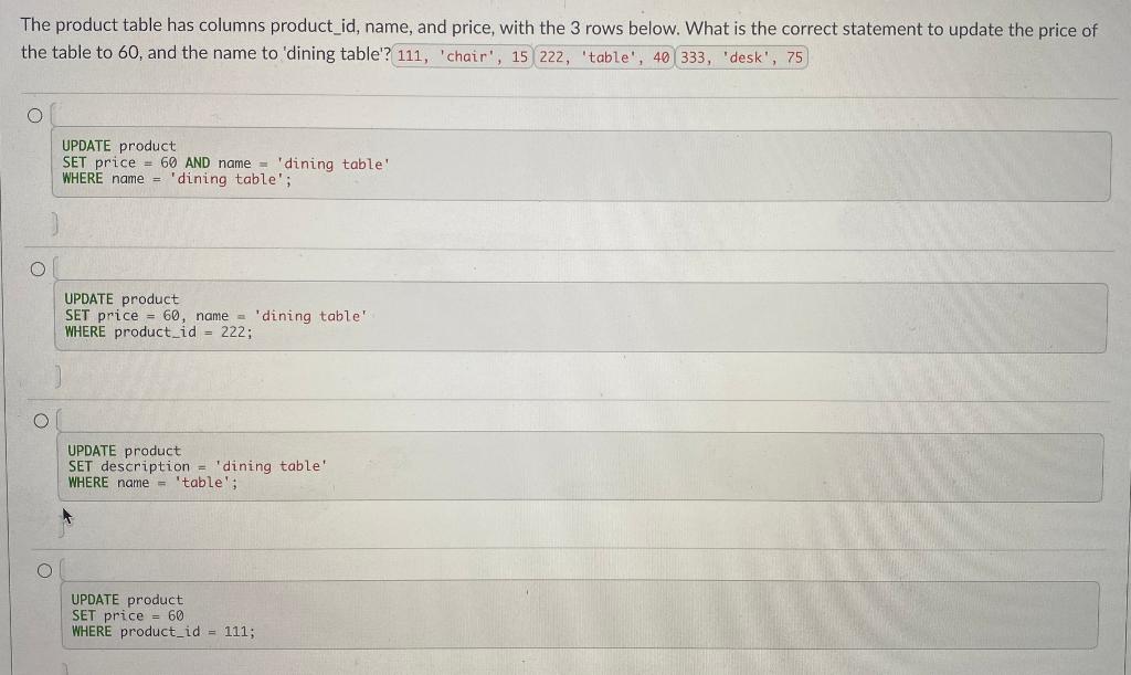 Solved The product table has columns product_id, name, and | Chegg.com