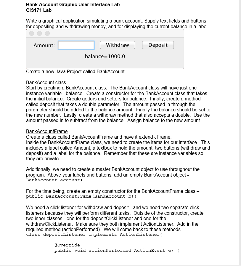Solved Bank Account Graphic User Interface Lab CIS171 Lab | Chegg.com
