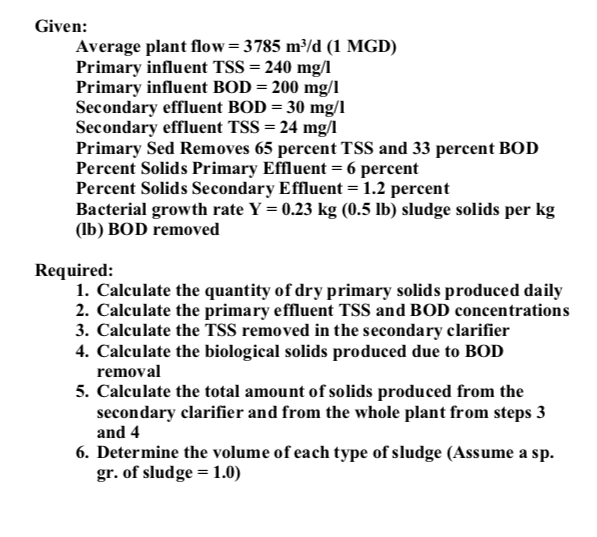 Solved Given: Average plant flow 3785 m/d (1 MGD) Primary | Chegg.com