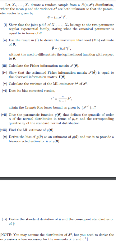 Solved Let X1,…,Xn denote a random sample from a N(μ,σ2) | Chegg.com