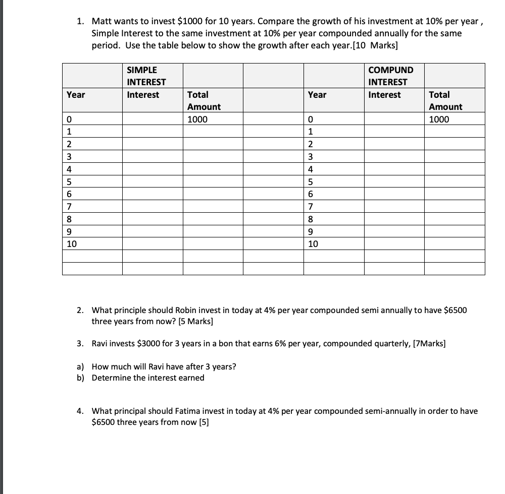 Solved 1. Matt wants to invest $1000 for 10 years. Compare | Chegg.com