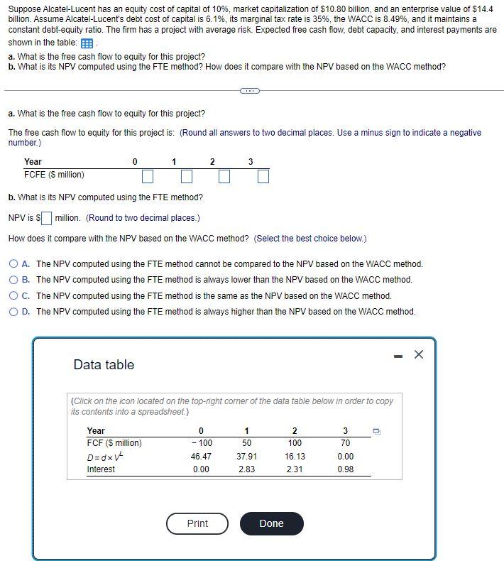 Solved Suppose Alcatel-Lucent has an equity cost of capital | Chegg.com