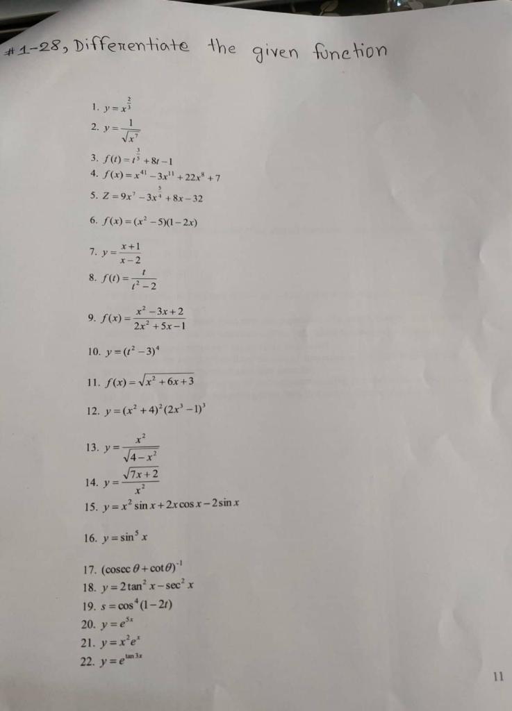 Solved \#1-28, Differentiate the given function 1. y=x32 2. | Chegg.com