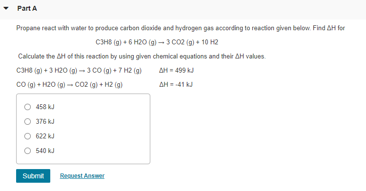 Solved Part A Propane react with water to produce carbon | Chegg.com