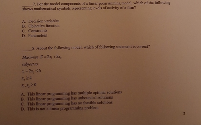 Solved 7. For the model components of a linear programming | Chegg.com