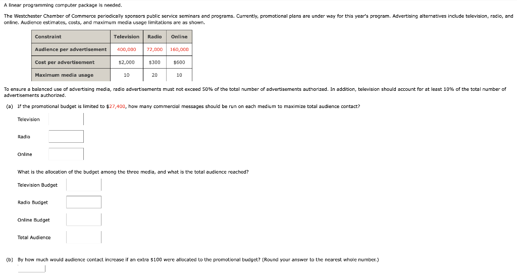 Solved A Linear Programming Computer Package Is Needed The 