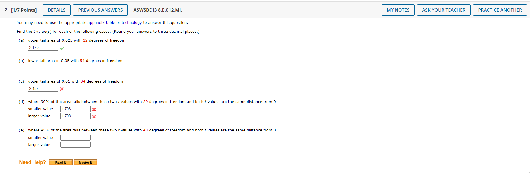 Solved Find the t value(s) for each of the following cases. | Chegg.com