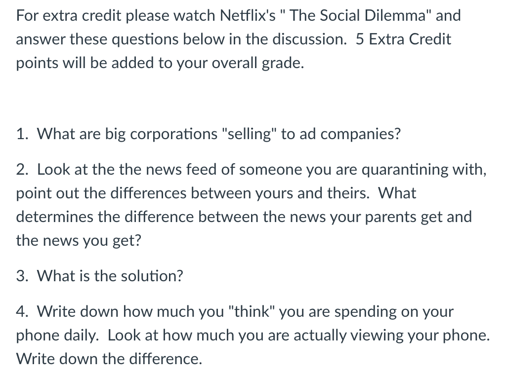 Solved For extra credit please watch Netflix's " The Social | Chegg.com
