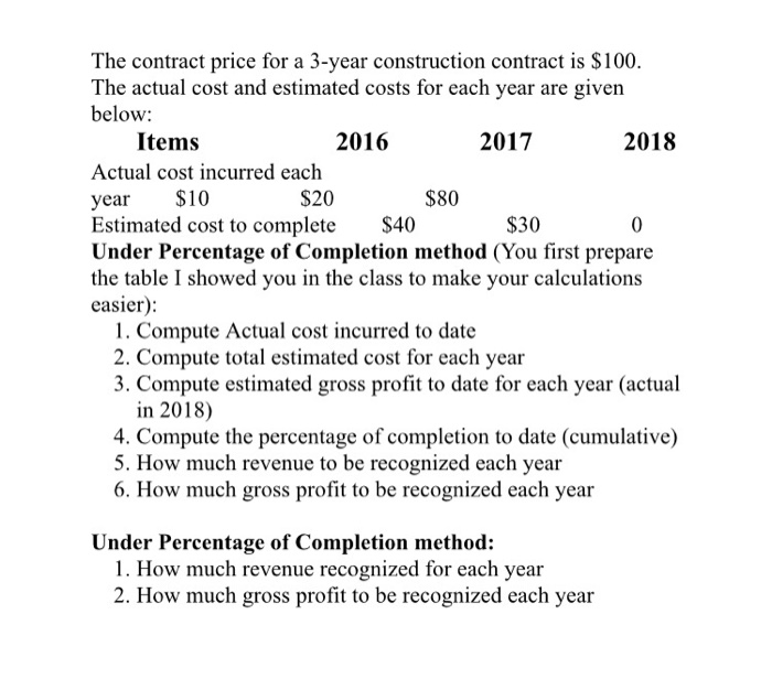 Solved The contract price for a 3-year construction contract | Chegg.com