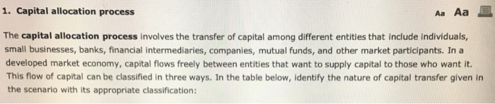 Solved 1. Capital allocation process Aa Aa E The capital | Chegg.com