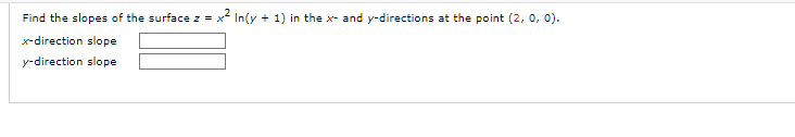 Solved Find the slopes of the surface z=x2ln(y+1) in the x - | Chegg.com