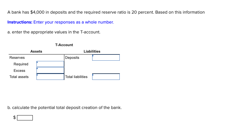 Solved A bank has $4,000 in deposits and the required | Chegg.com