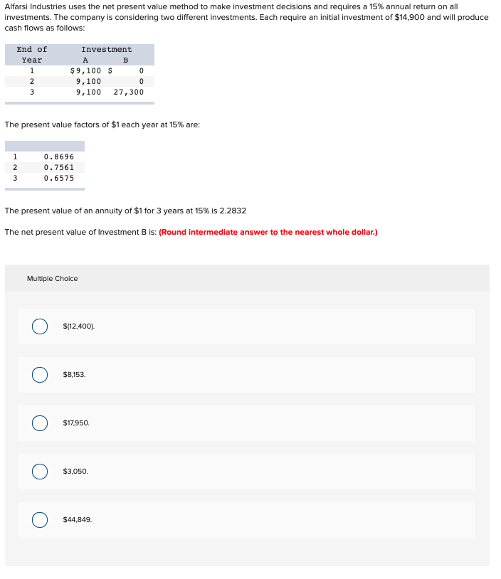 Solved Alfarsi Industries uses the net present value method | Chegg.com