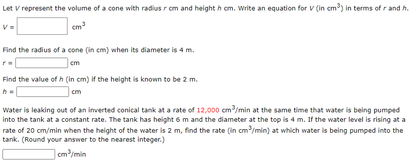 Solved Let V represent the volume of a cone with radius r сm | Chegg.com