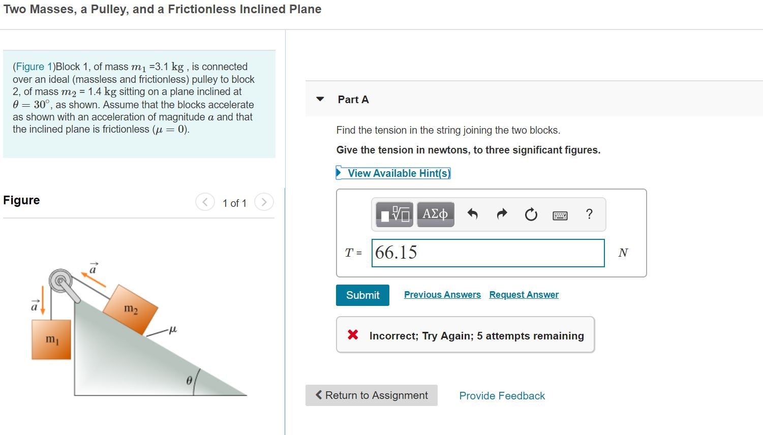 Solved Two Masses, a Pulley, and a Frictionless Inclined | Chegg.com