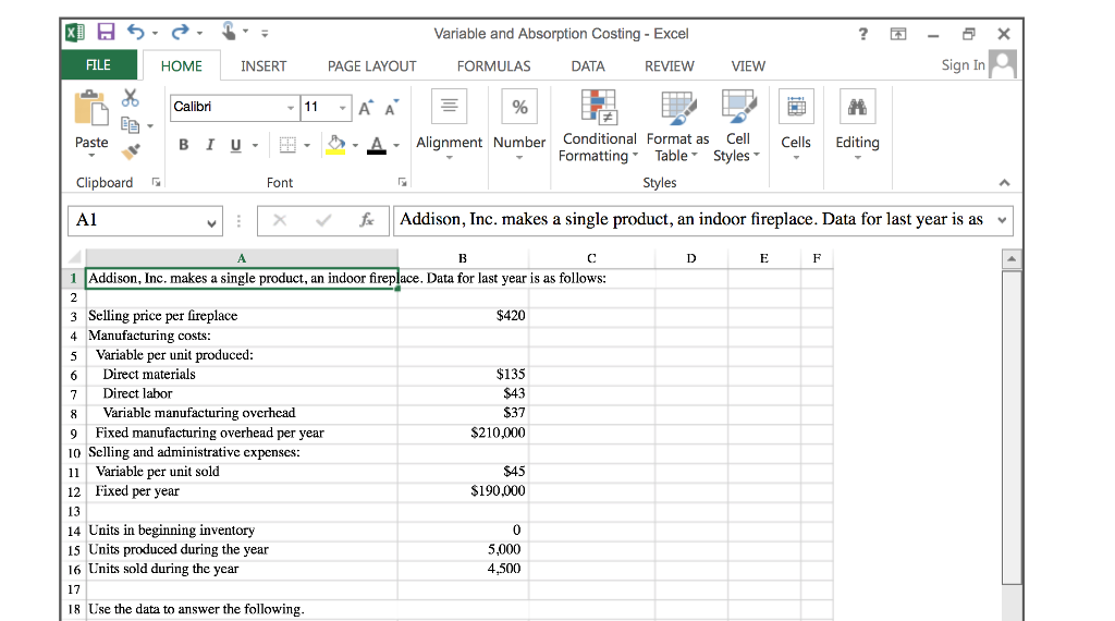 Solved Variable and Absorption Costing Excel FILE HOME | Chegg.com