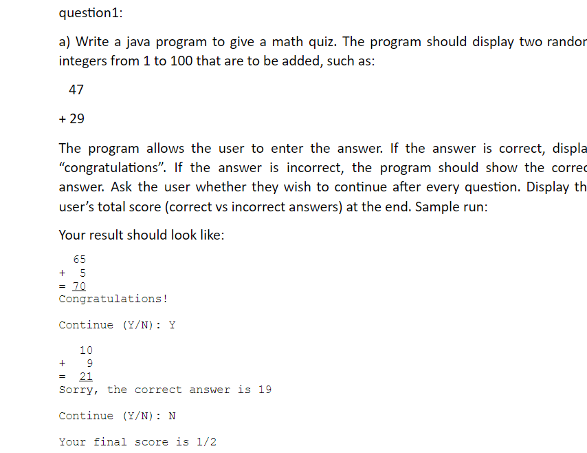Solved Question1 A Write A Java Program To Give A Math