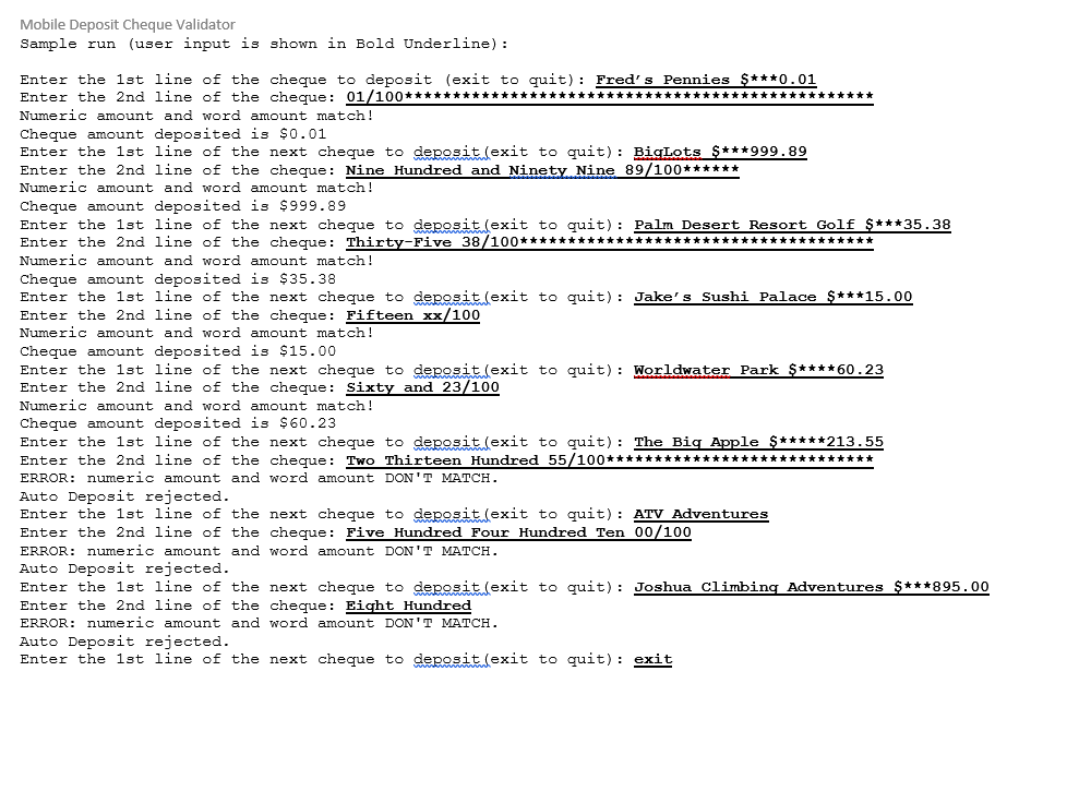Solved Mobile Deposit Cheque Validator Write a program that | Chegg.com
