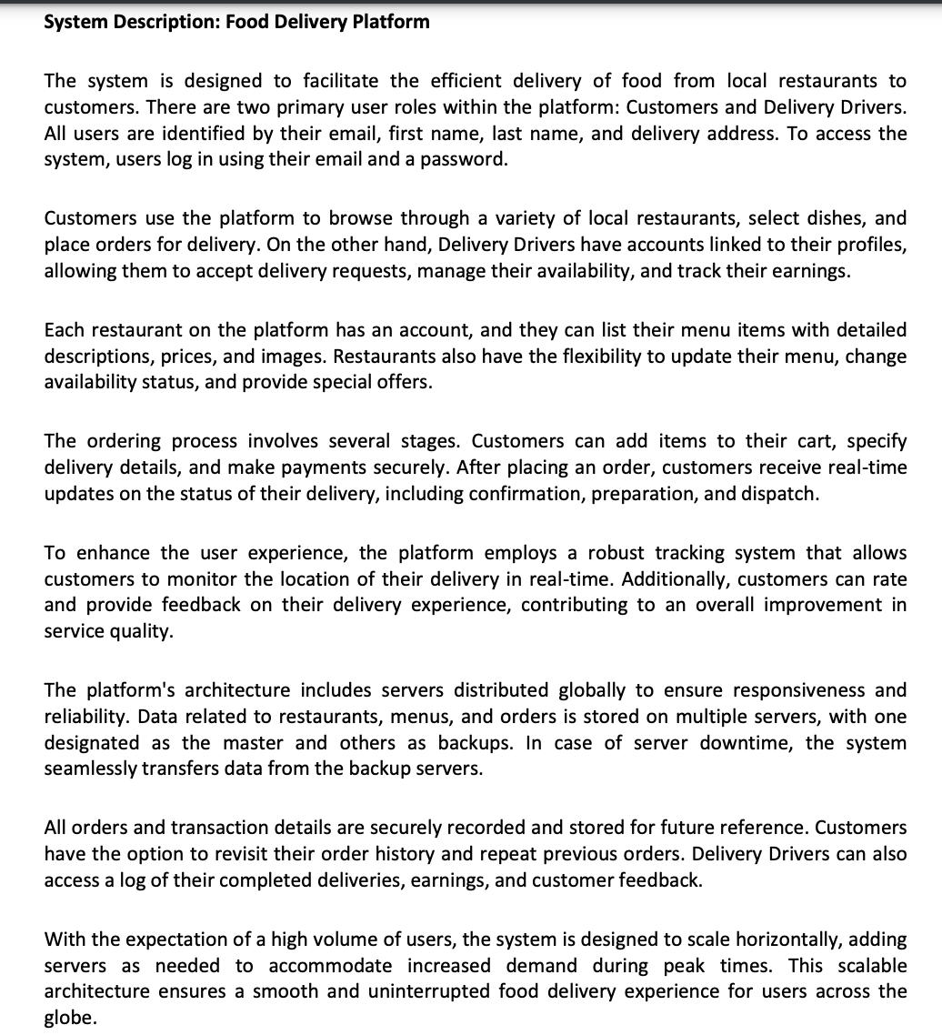 Solved System Description: Food Delivery PlatformThe system | Chegg.com