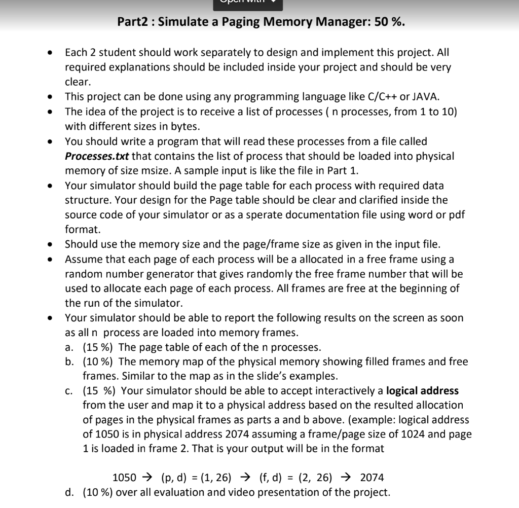 Solved Part2 : Simulate a Paging Memory Manager: 50 %. . . . | Chegg.com