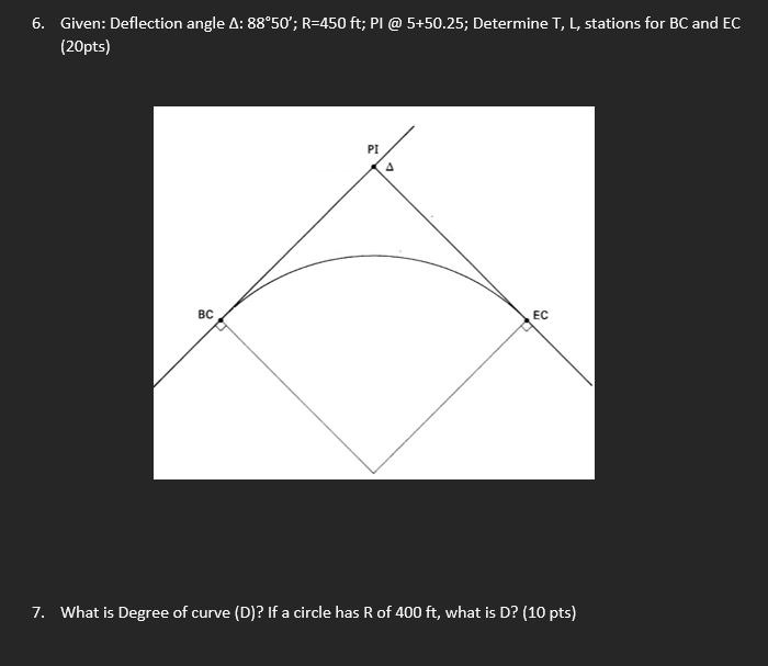 6. Given: Deflection angle Δ:88∘50′;R=450ft; PI @ | Chegg.com