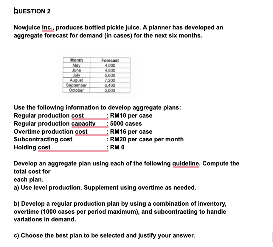Solved QUESTION 2Nowjuice Inc., produces bottled pickle | Chegg.com