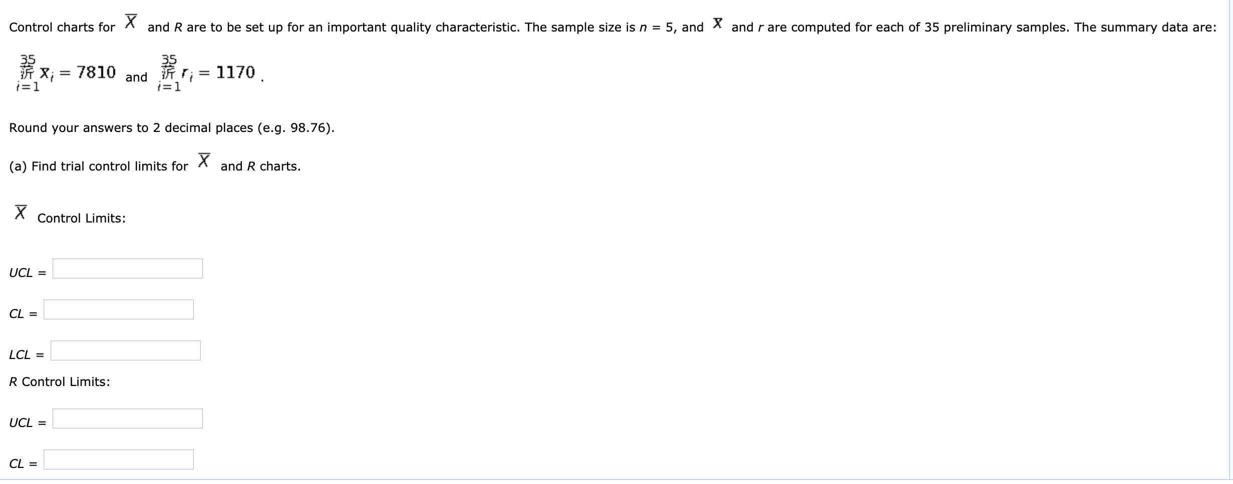 Solved Control charts for X and R are to be set up for an | Chegg.com