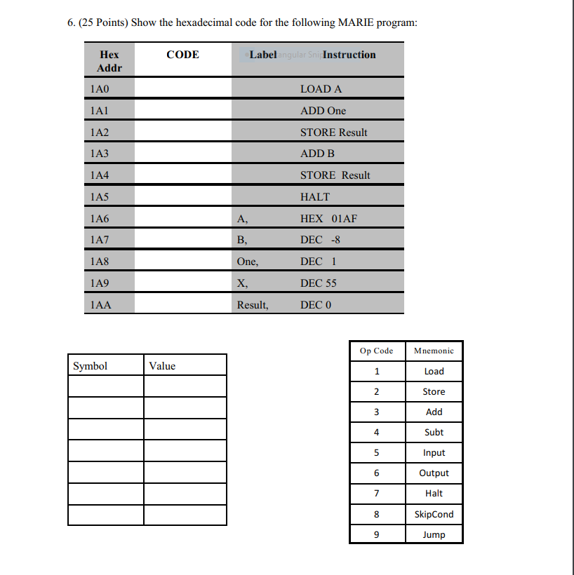 6.(25 Points) Show the hexadecimal code for the | Chegg.com