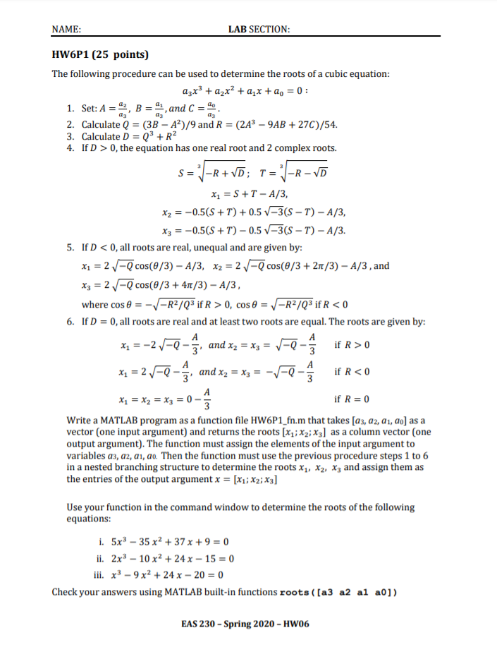 Solved NAME: LAB SECTION: HW6P1 (25 points) The following | Chegg.com