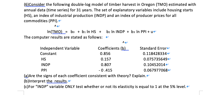 Solved (6)Consider the following double-log model of timber | Chegg.com