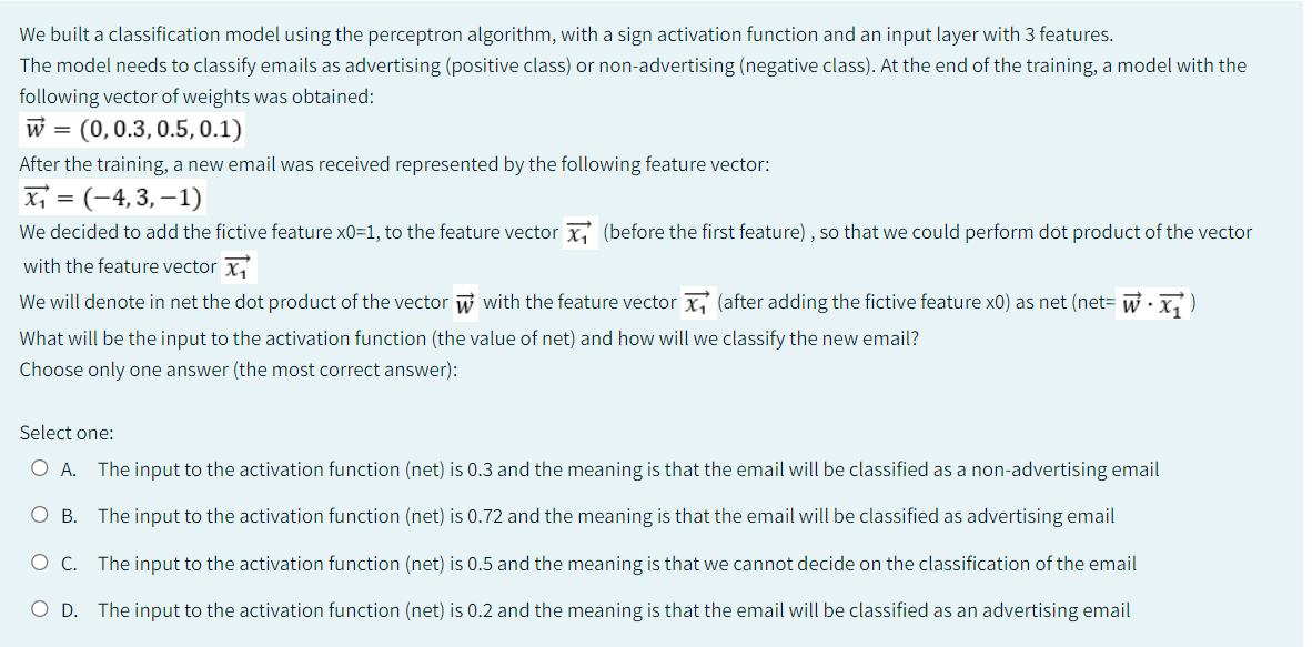 Solved We built a classification model using the perceptron | Chegg.com