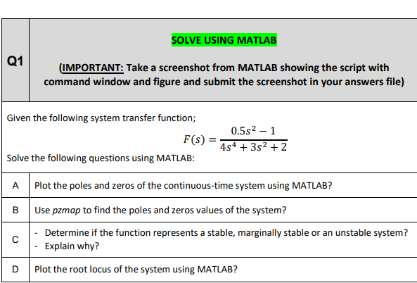 Solved SOLVE USING MATLAB Q1 (IMPORTANT: Take a screenshot | Chegg.com