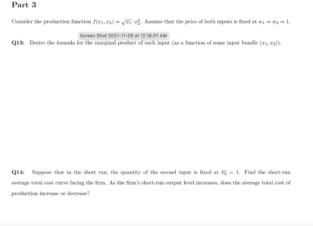 Solved Part 3 Consider the production function f(x1, x2) = | Chegg.com