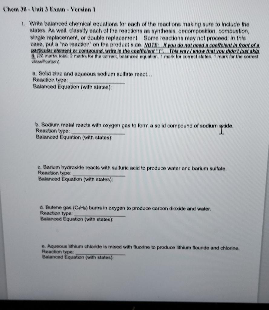 Solved 1) - Init 3 Exam - Version I Write balanced chemical | Chegg.com