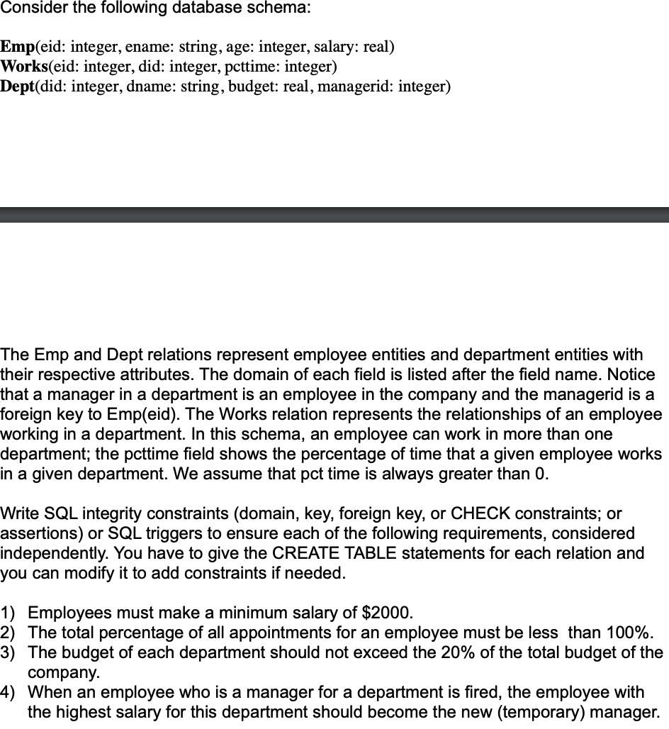Solved Consider the following database schema: Emp( eid: | Chegg.com